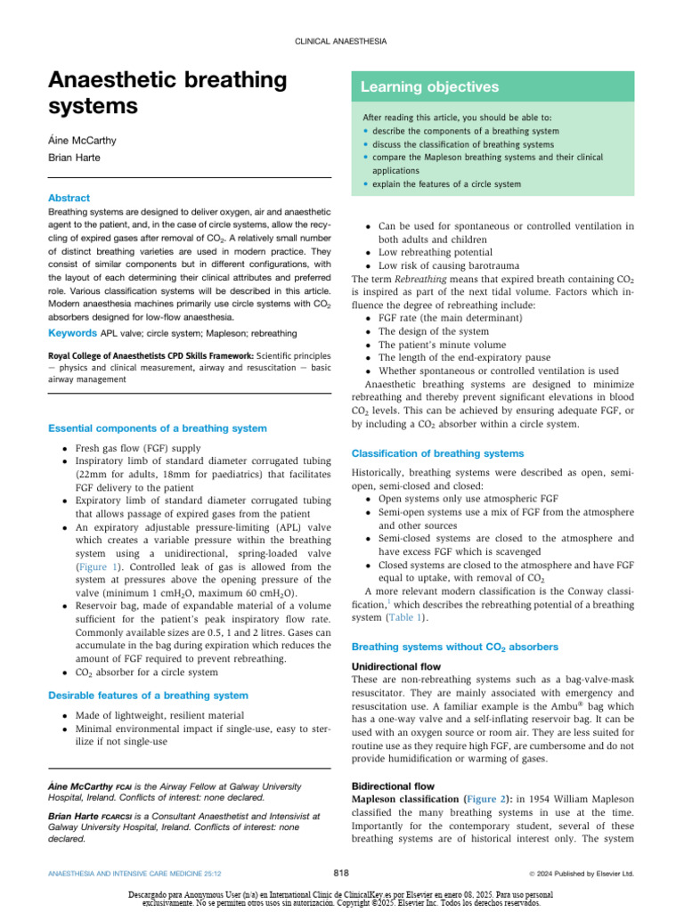 Anaesthetic breathing systems | PDF | Exhalation | Breathing