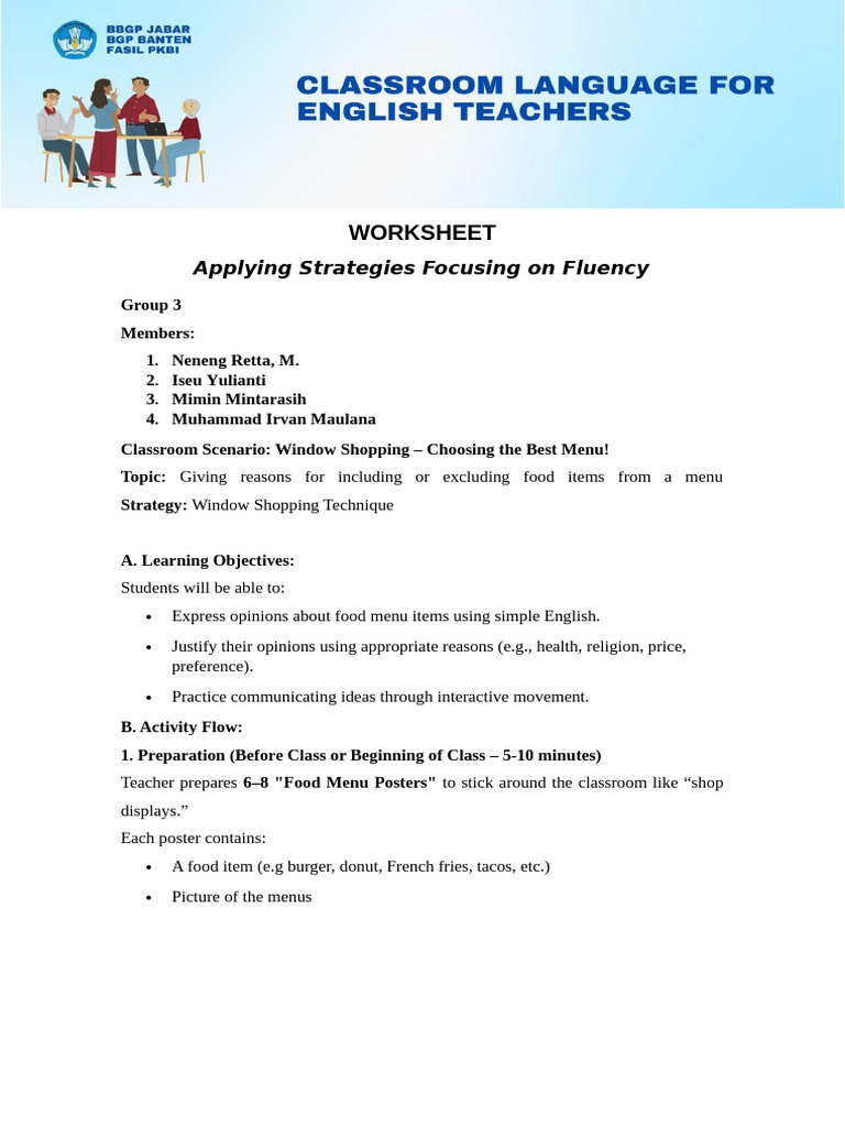 Worksheet Group 3 - Window Shopping For Giving Reason in Taking in and ...