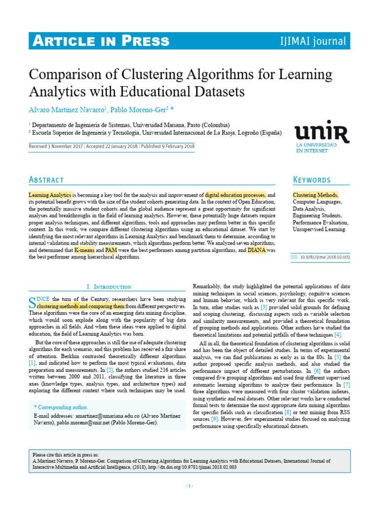 Comparison of Clustering Algorithms For Learning A | PDF | Cluster ...