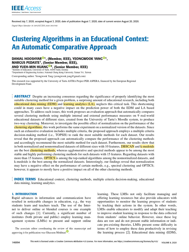 Clustering Algorithms in An Educational Context An Automatic Comparative Approach | PDF ...