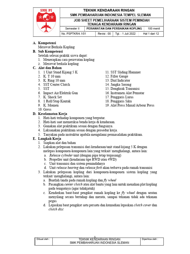 Jobsheet Perawatan Kopling Mobil | PDF