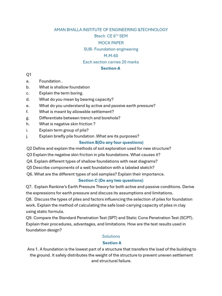 Correct Mock Paper Foundation | PDF | Deep Foundation | Foundation ...
