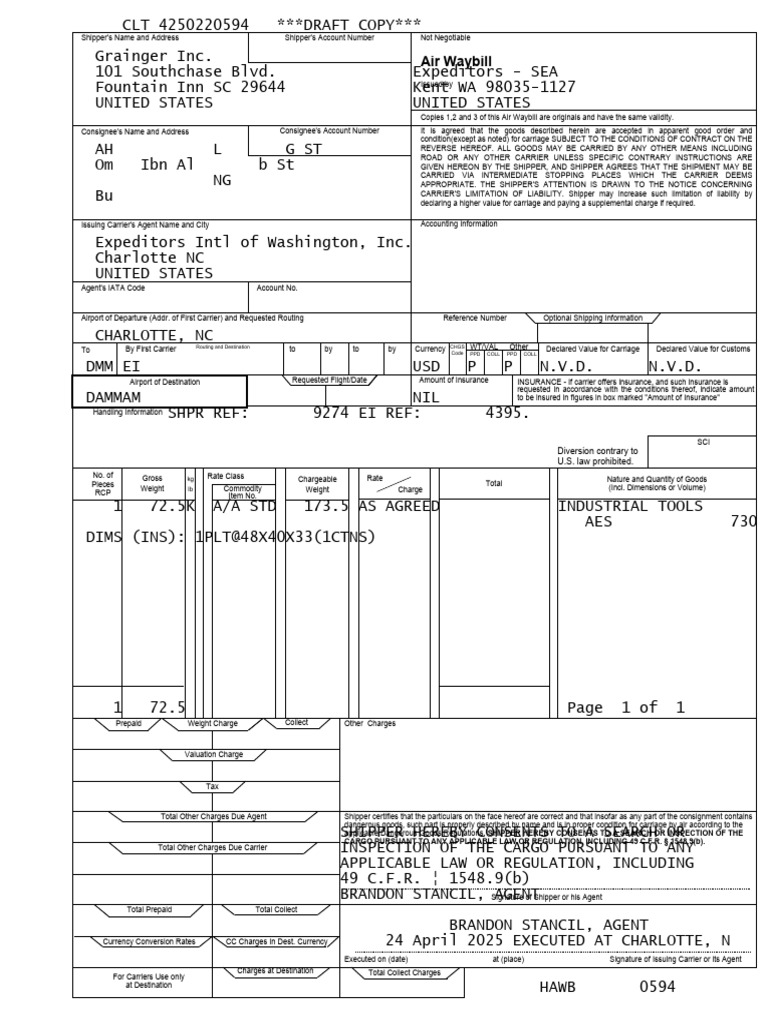 House Airway Bill - Draft - 1 | PDF