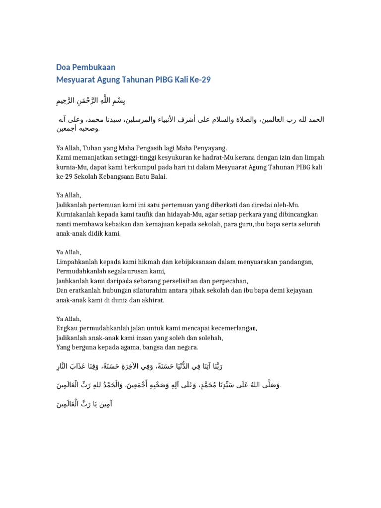 Doa Mesyuarat Agung Tahunan PIBG Ke-29 | PDF