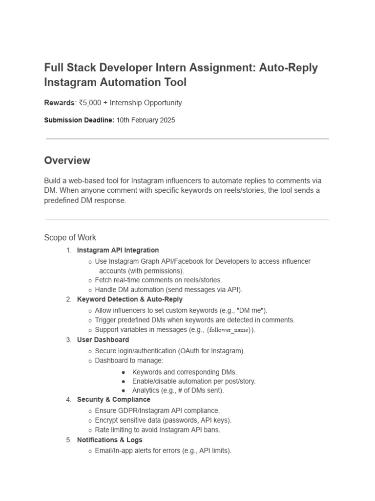 Full Stack Developer Intern Assignment - Auto-Reply Instagram Automation Tool | PDF | Computing ...