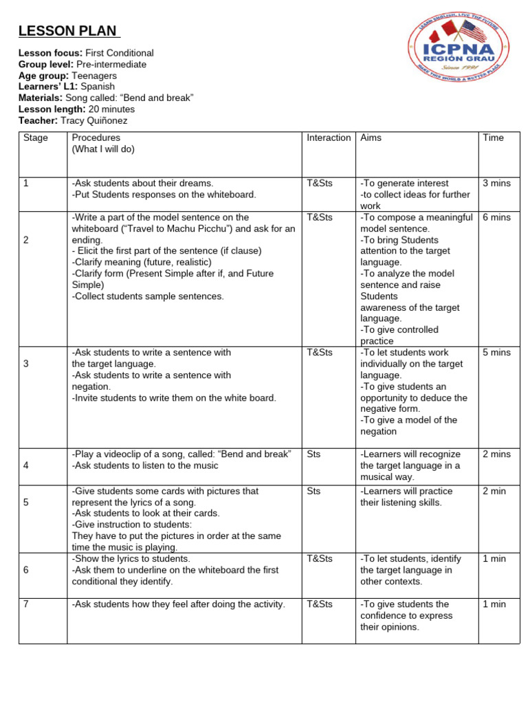 Lesson Plan First Conditional Tracy Quiñonez Silva 1 | PDF | Second ...