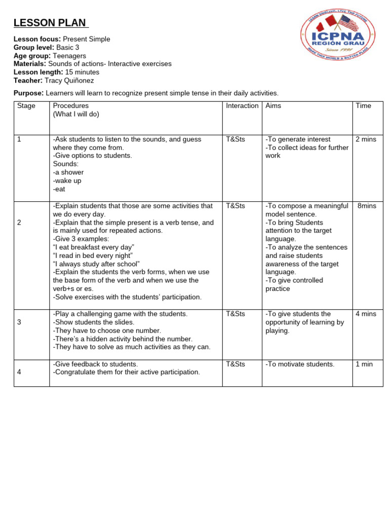 Lesson Plan Present Simple Tracy Quiñonez Silva | PDF | Pedagogy | Education Theory