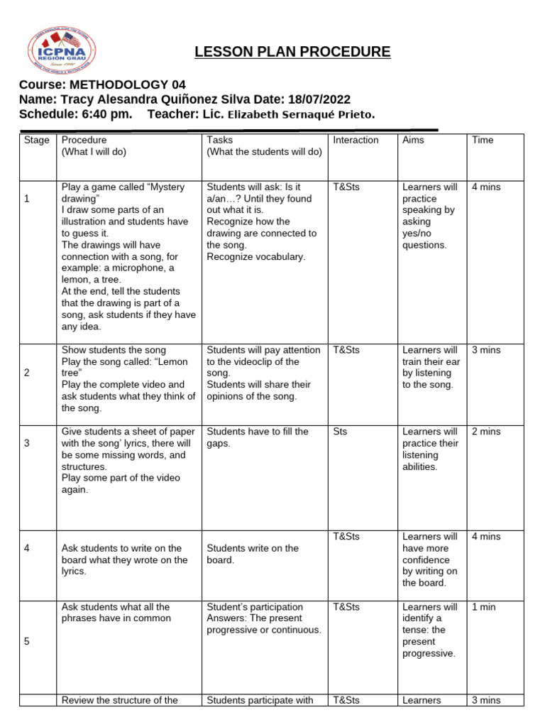 Lesson Plan Procedure Tracy Quiñonez Silva | PDF | Question | Human Communication