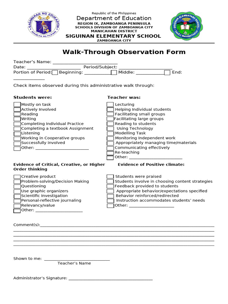 Walk Through Observation Form | PDF | Teachers | Behavioural Sciences
