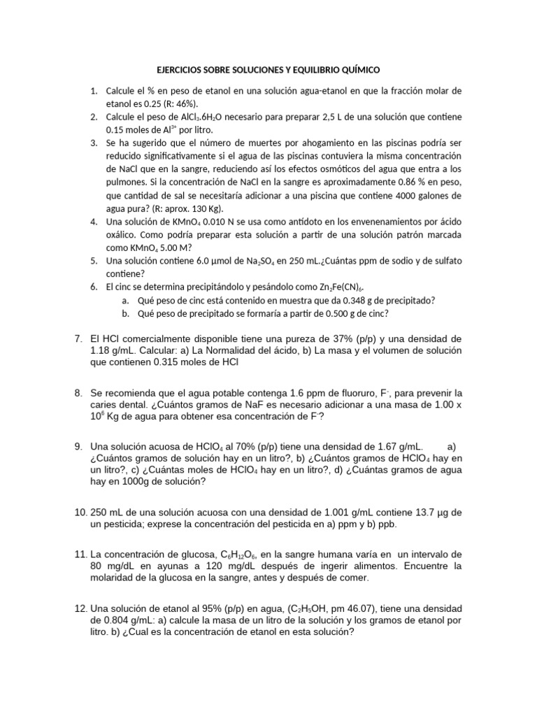 Ejercicios Disoluciones | PDF | Concentración | Agua