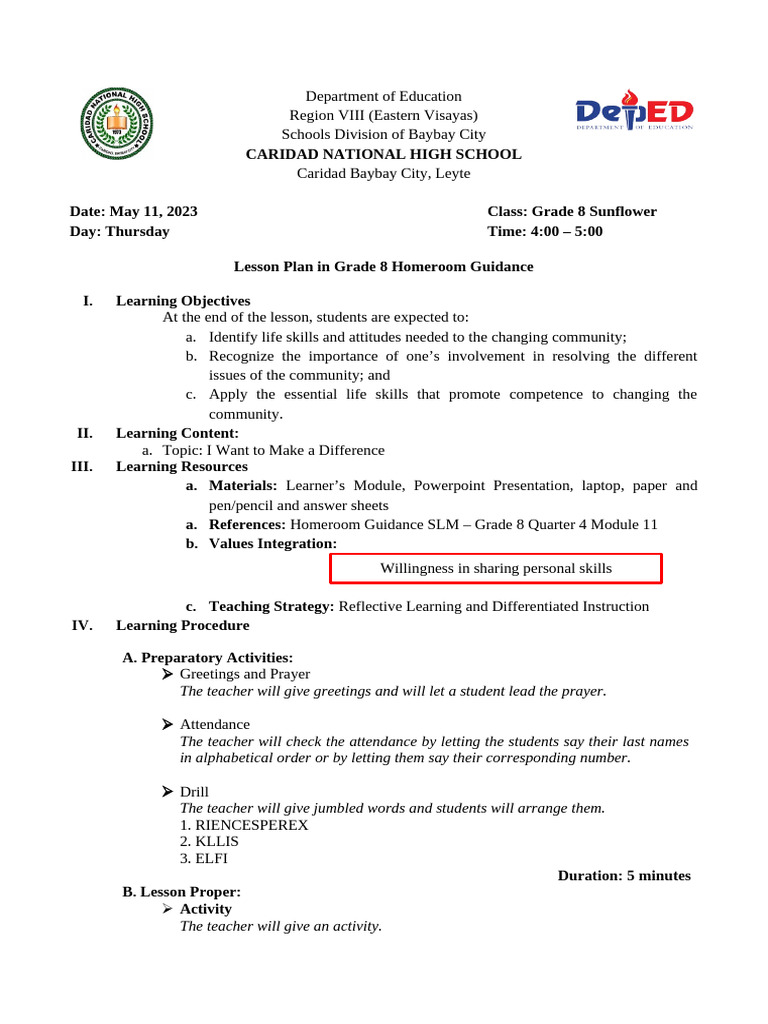 Grade 8 Life Skills Lesson Plan | PDF | Communication | Skill