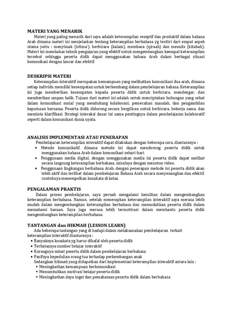 Tugas Refleksi Modul Profesional Bahasa Arab Mi | PDF