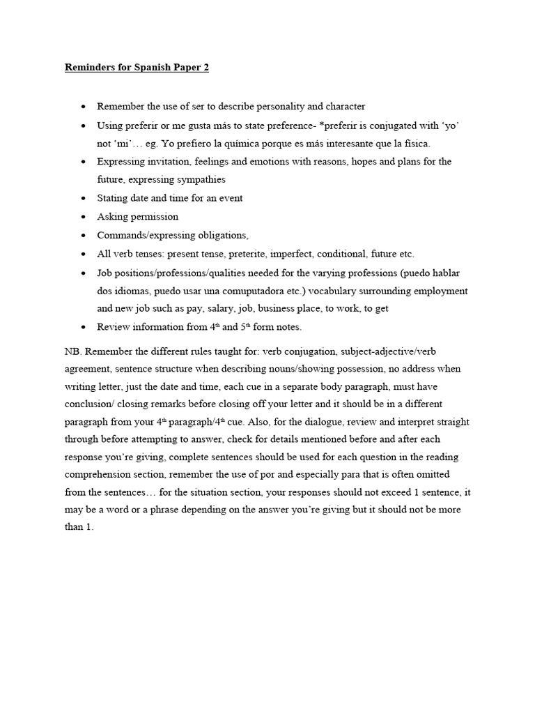 Reminders For Spanish Paper 2 | PDF