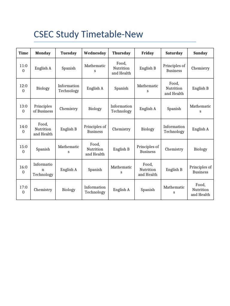 CSEC - Study - Timetable Copy 2 | PDF