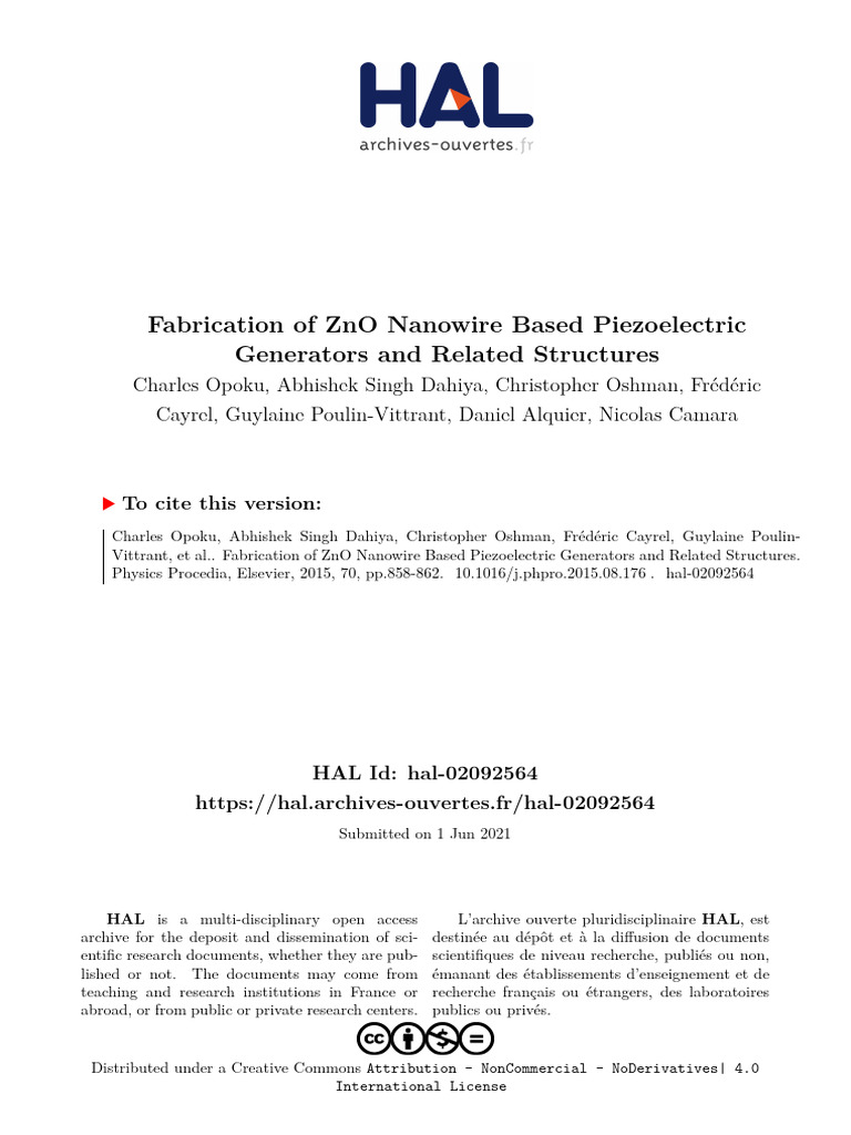 Fabrication of ZnO Nanowire Based Piezoelectric Generators and Related ...