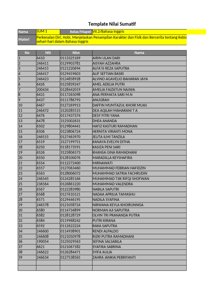Template Nilai Sumatif-VII.2-Bahasa Inggris OK | PDF