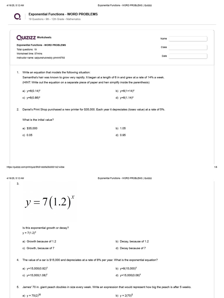 Exponential Functions - WORD PROBLEMS - Quizizz | PDF | Exponential ...