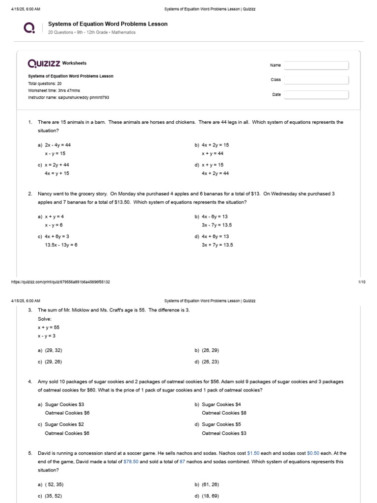 Systems of Equation Word Problems Lesson _ Quizizz | PDF | Multiple ...