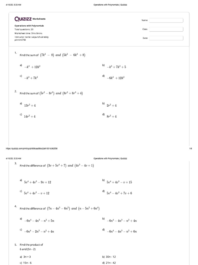 Operations With Polynomials - Quizizz | PDF | Mathematics | Algebra