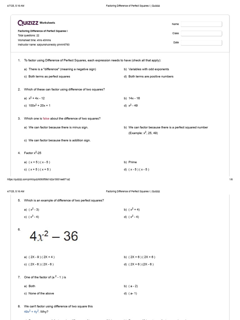 Factoring Difference of Perfect Squares I - Quizizz | PDF ...