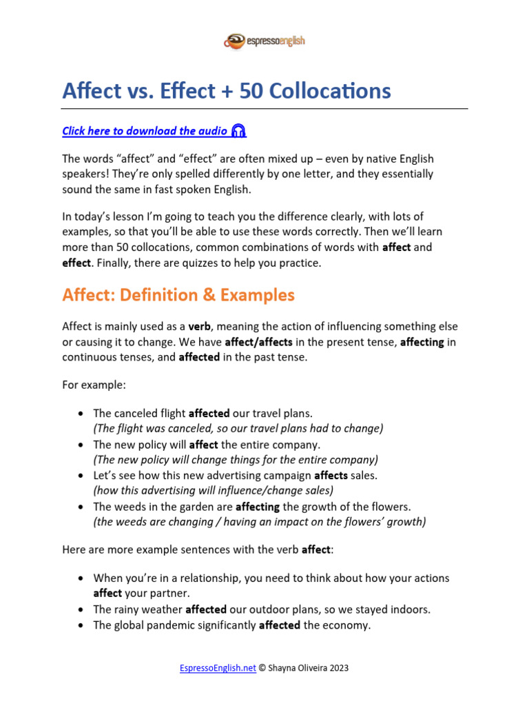Free PDF Affect Vs Effect and Collocations 2 | PDF | English Language ...