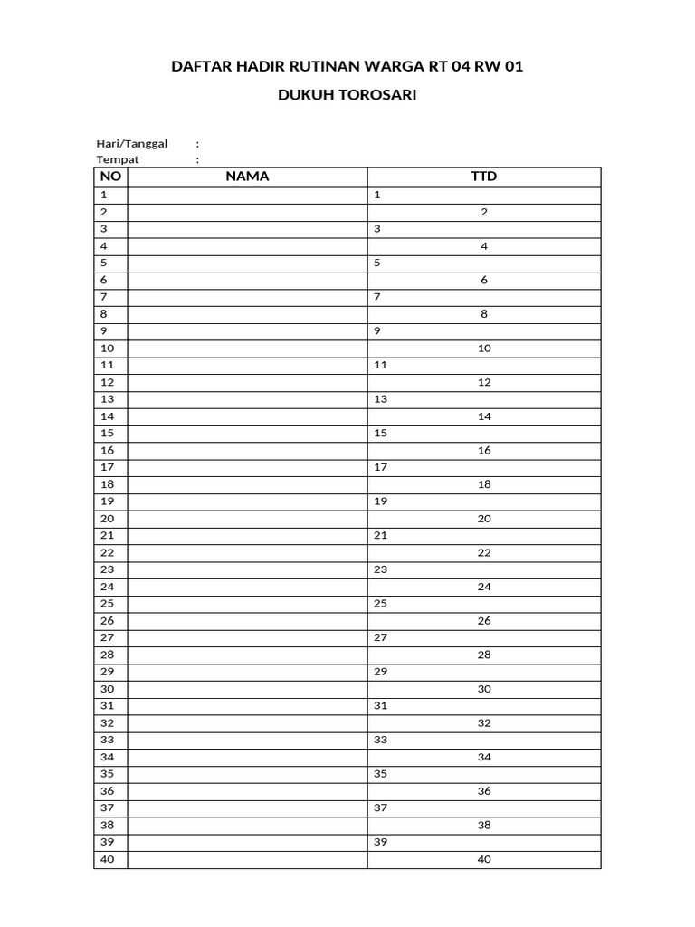 Daftar Hadir Rutinan Warga RT 04 RW 01 | PDF