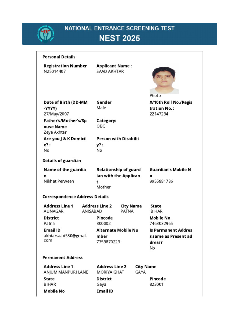 NEST Application Form 2025 | PDF