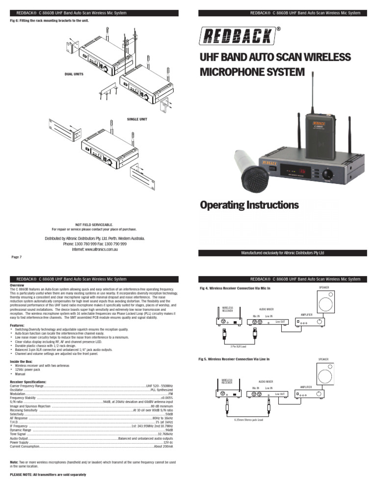 Redback C8860B Wireless Microphone System Manual | PDF | Microphone | Radio