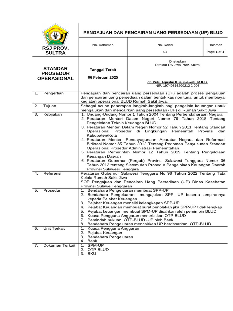 Sop Pengajuan Dan Pencairan Uang Persediaan Up Blud RSJ | PDF