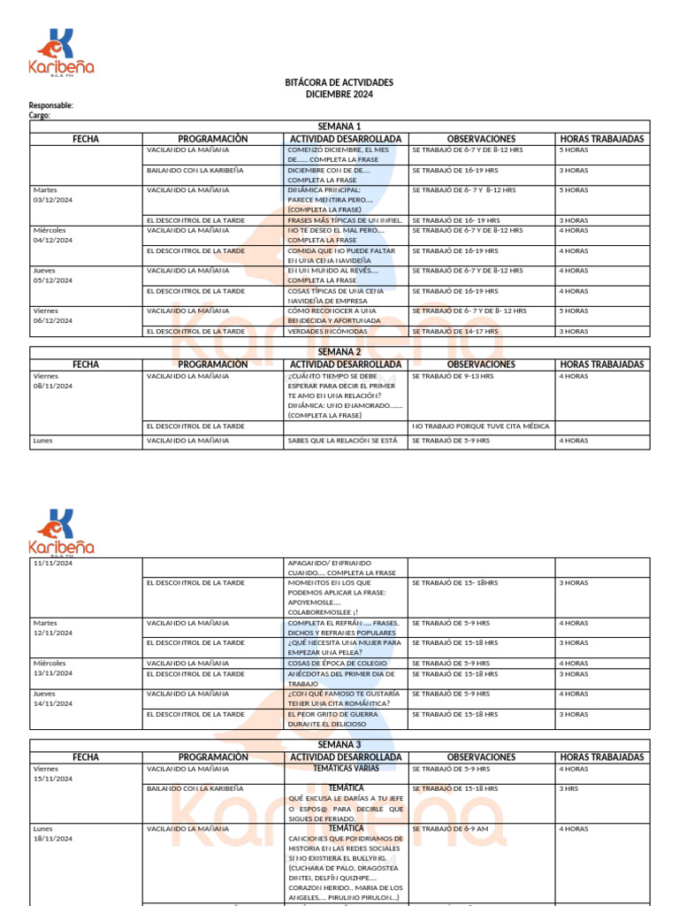 Bitácora de Actividades Radio Octubre | PDF