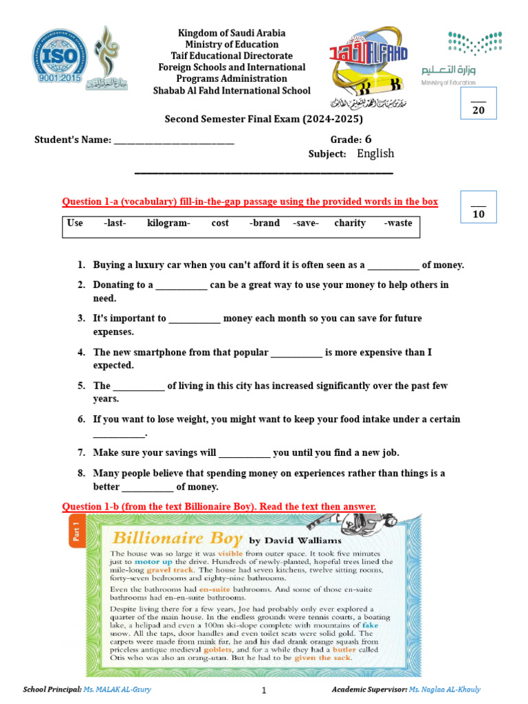 Grade 6 English Exam Questions 2024 | PDF | Cost Of Living