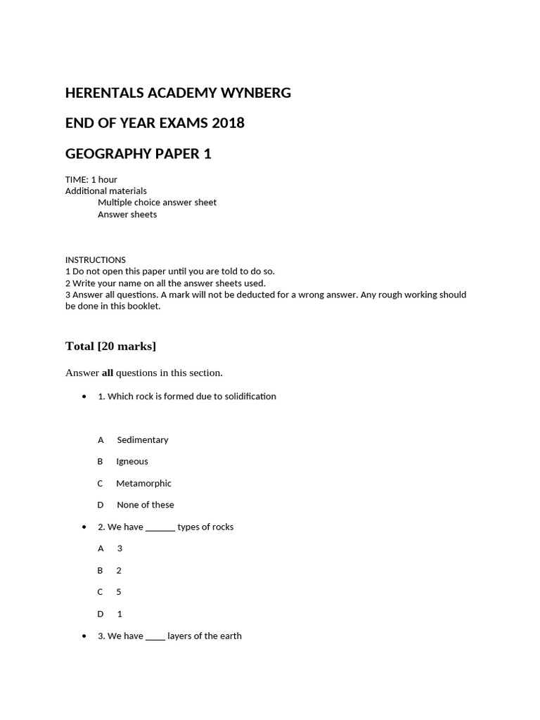 Geography Paper 1 - Form 3 HERENTALS | PDF | Rock (Geology ...