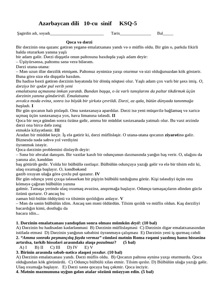 Azərbaycan Dili 10 KSQ 5 | PDF