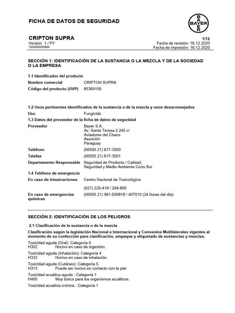 Hoja de Seguridad CRIPTON SUPRA | PDF | Toxicología | Toxicidad