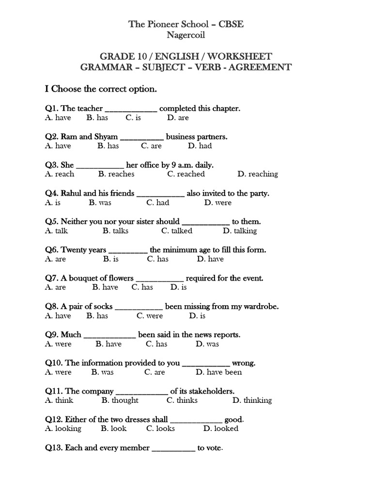 Grammar - Subject Verb Agreement - Student | PDF
