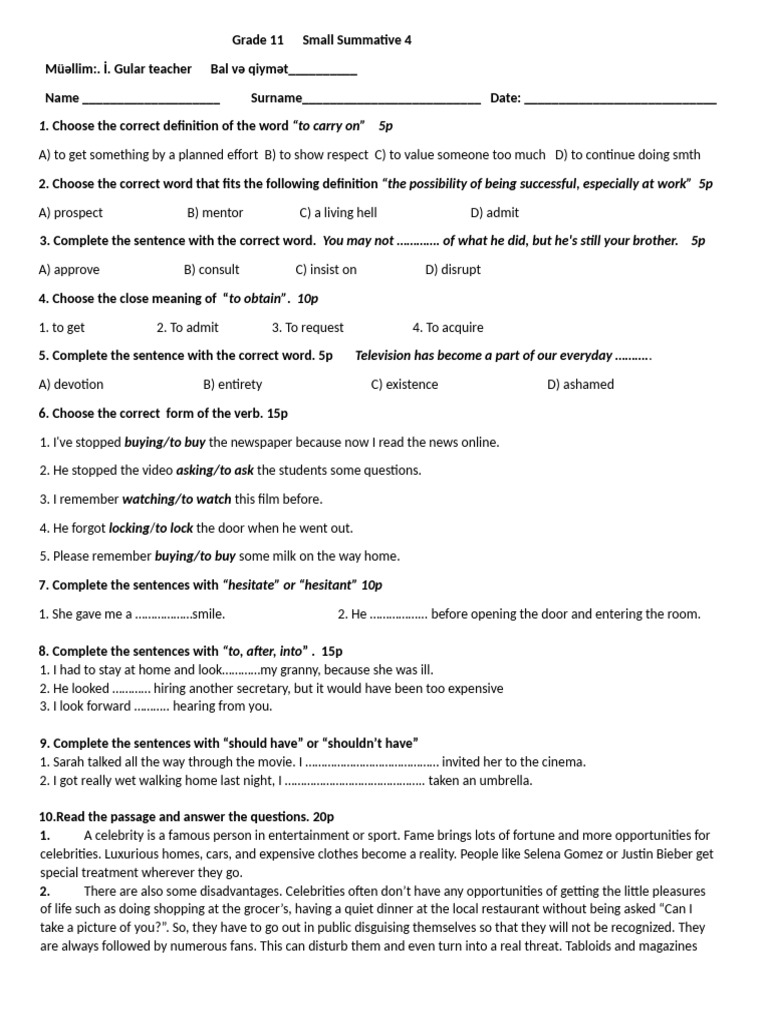 Grade 11 English Summative Assessment | PDF | Celebrity