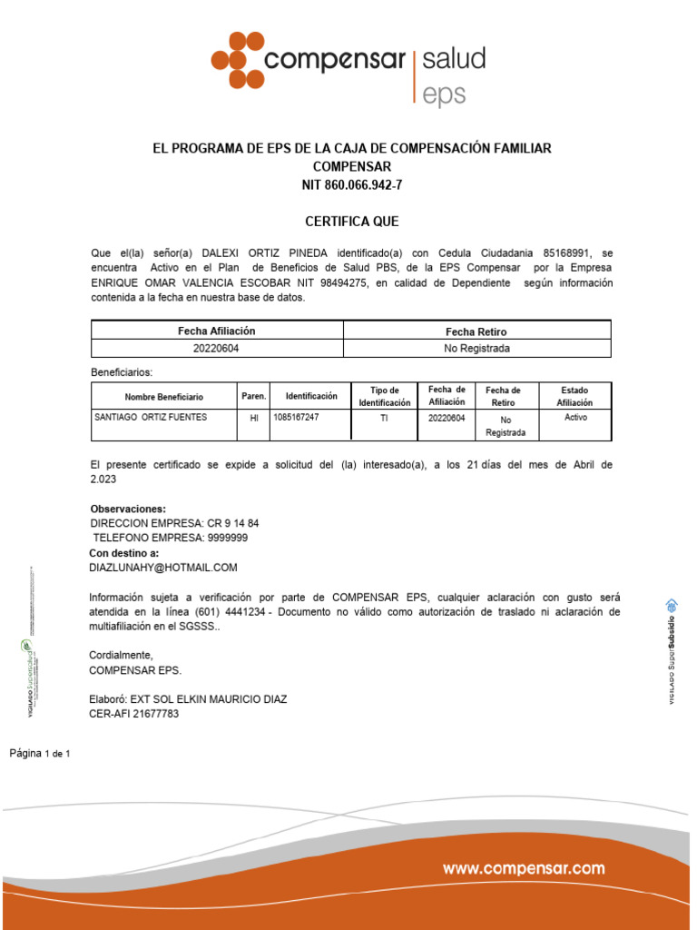 Certificado Compensar | PDF