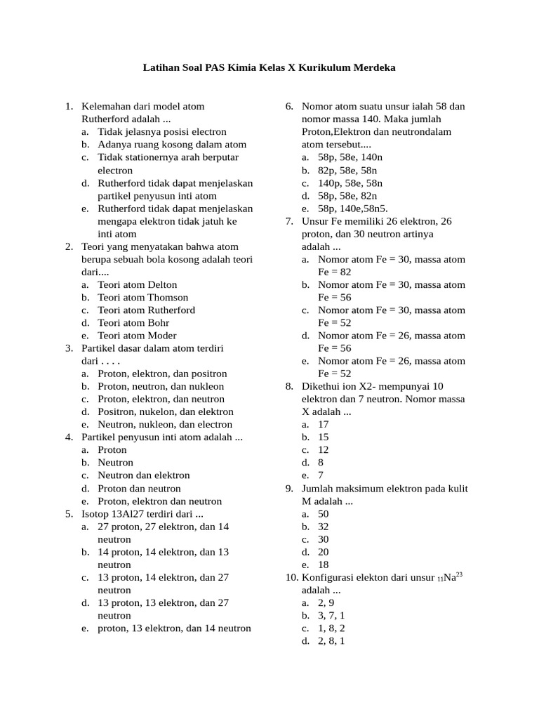 Latihan Soal PAS Kimia Kelas X Kurikulum Merdeka | PDF