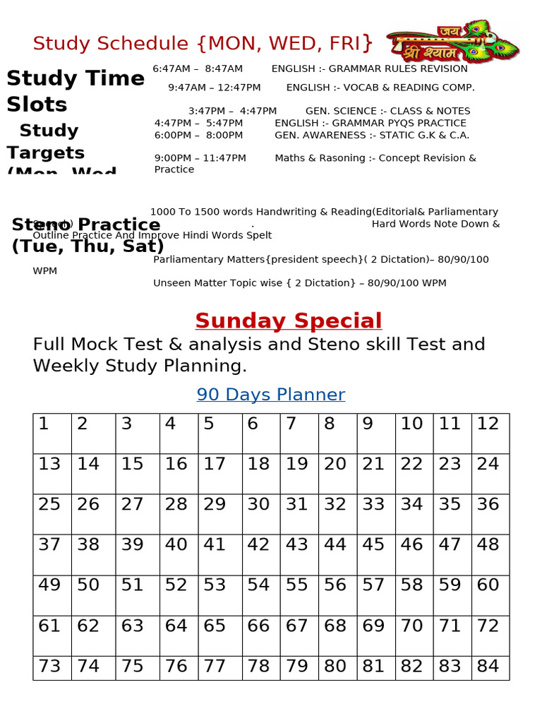 Daily Study Schedule (MWF) 2025-26 | PDF