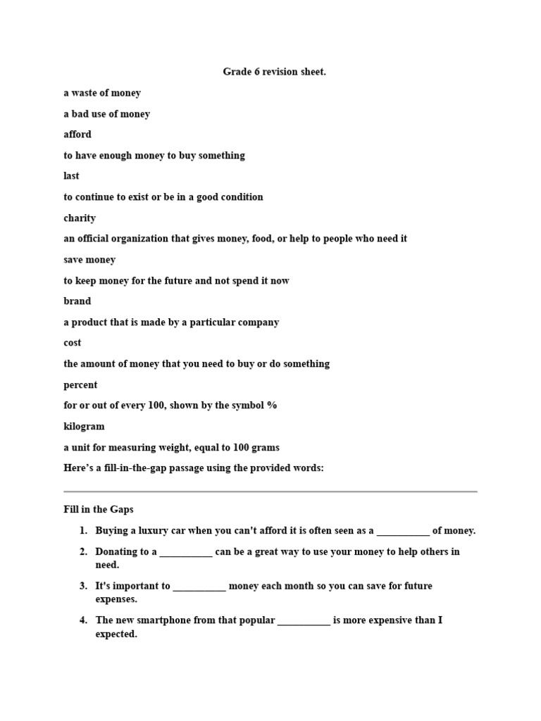 Grade 6 Term 2 Revision Papers | PDF | Money | Bathroom