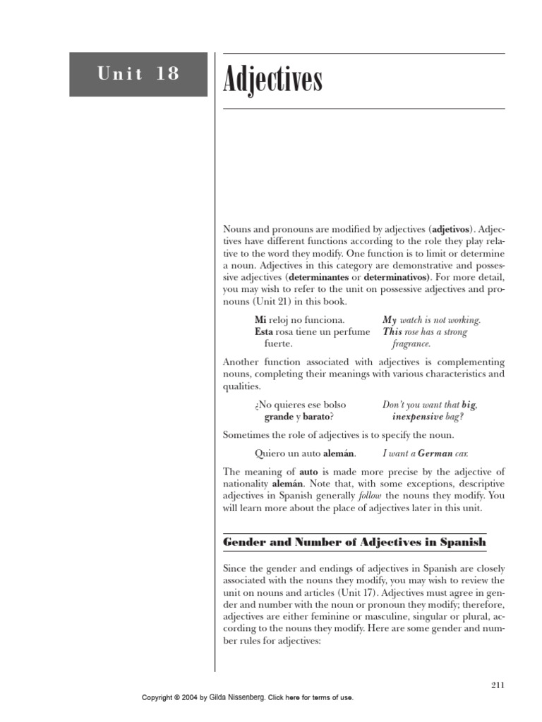 GildaNissenberg 2004 UNIT18.Adjectives PracticeMakesPerfectC | PDF | Adjective | Grammatical Gender
