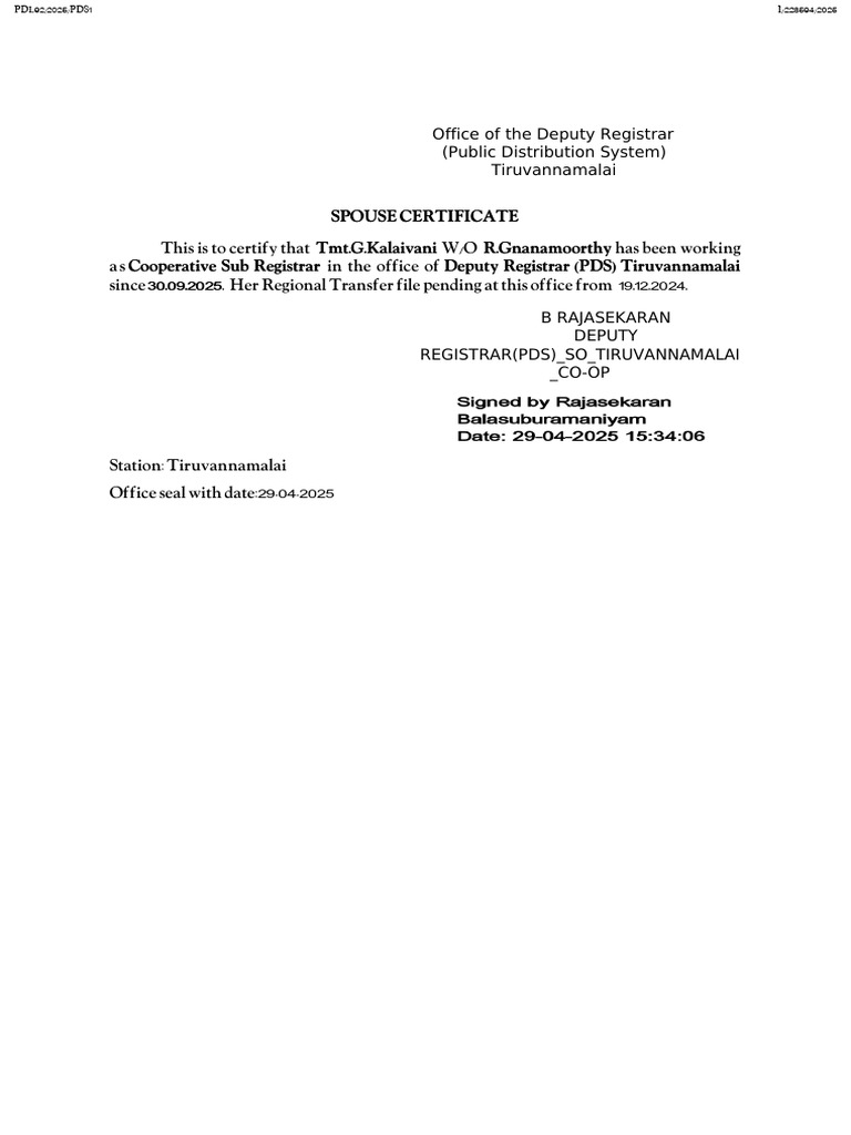 Spouse Certificate for G.Kalaivani | PDF