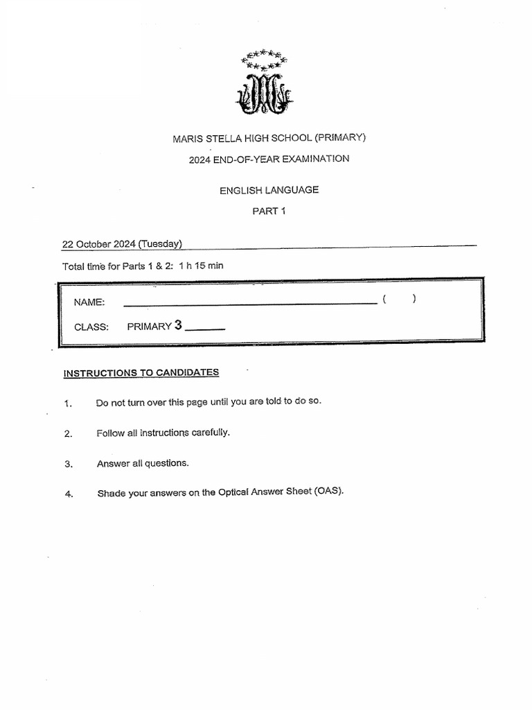 2024 P3 English End of Year Exam Maris Stella | PDF