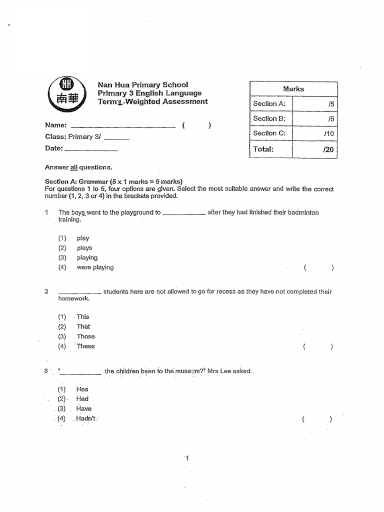 2024 P3 English Term 1 Review Nan Hua | PDF