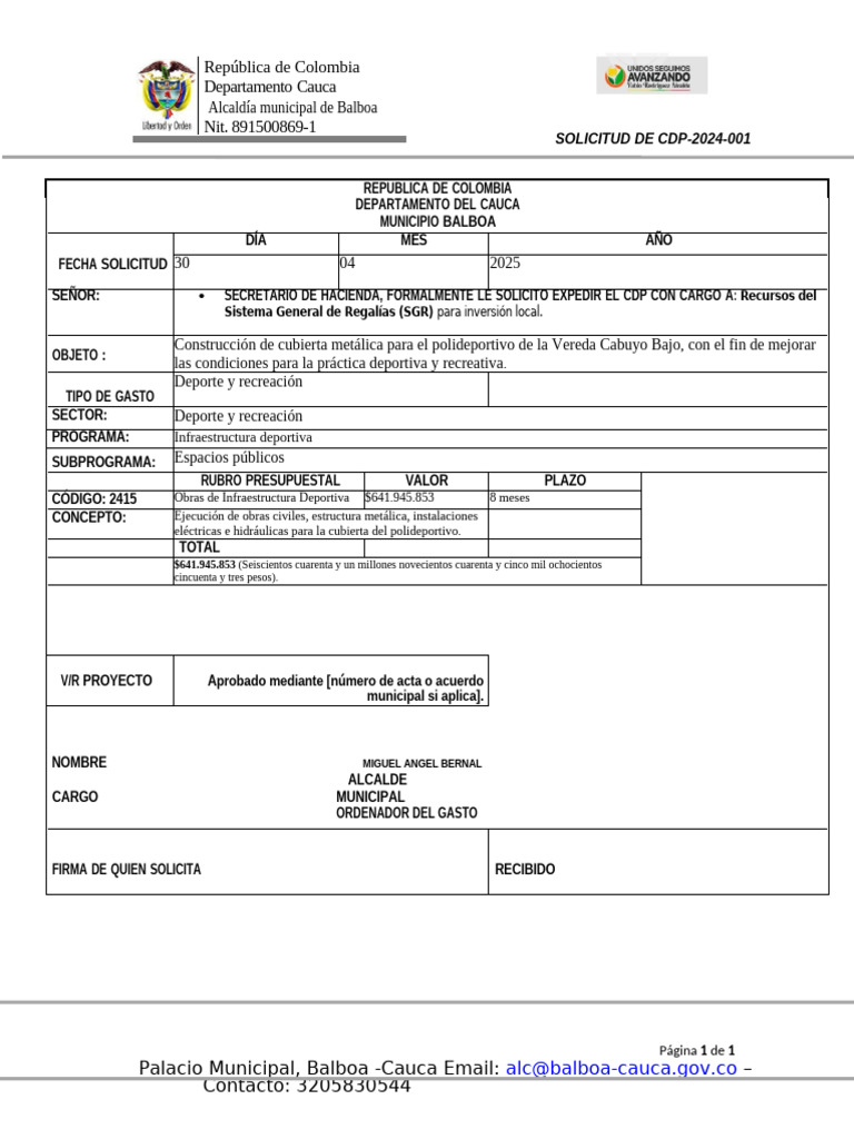 Modelo de Solicitud CDP | PDF | Colombia