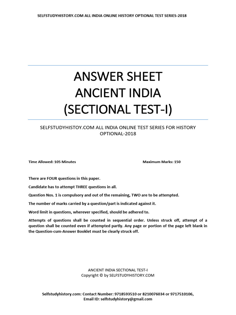 Answer Sheet Sectional Test I Ancient India New | PDF | Archaeology