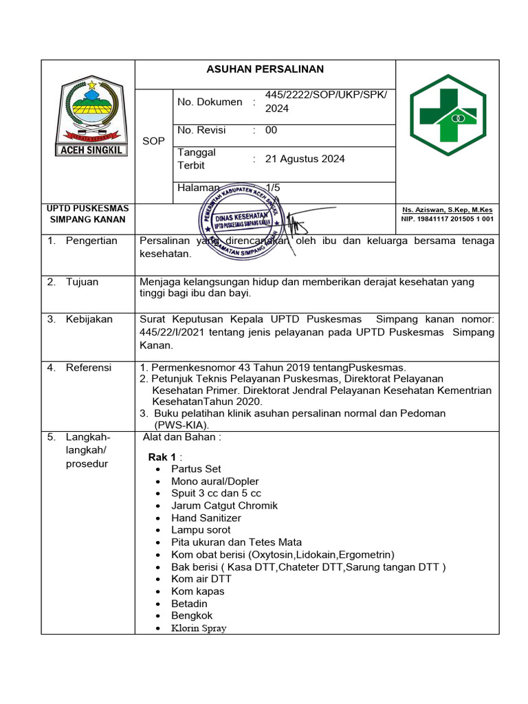 Sop Asuhan Persalinan | PDF