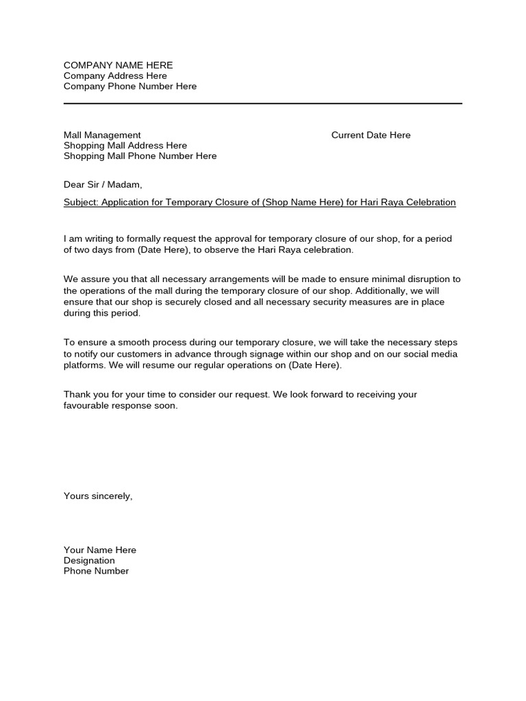 Template Temporary Closure Notice Hari Raya | PDF