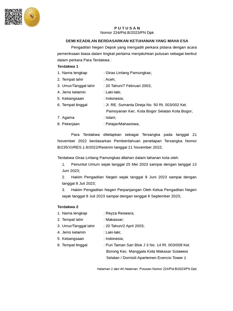 Putusan 224 Pid.b 2023 PN DPK 20241127191943 | PDF