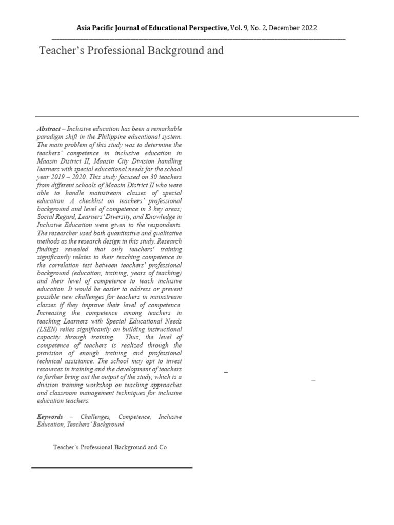 Teacher's Professional Background and Competence in Inclusive Education ...